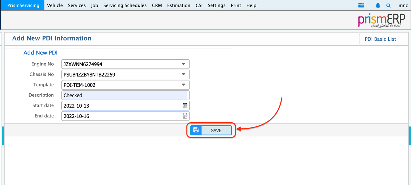 Pre-Delivery Inspection (PDI) | Prism ERP Docs