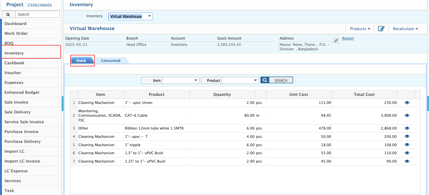 Project Inventory System | Prism ERP Docs